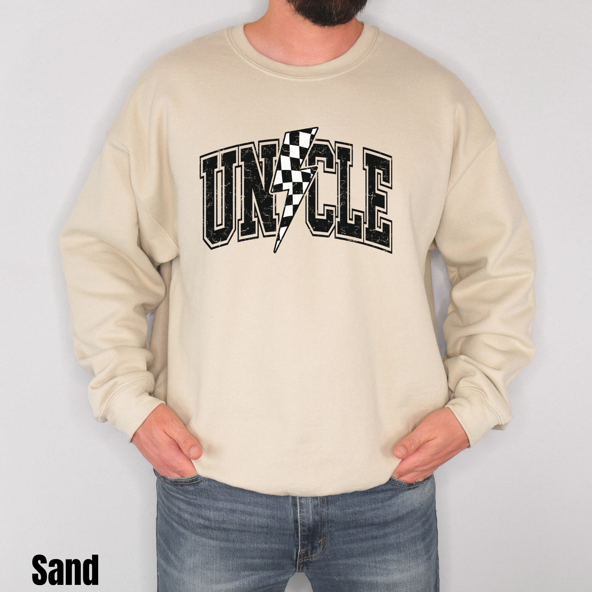 Uncle Lightning Bolt Crewneck, Retro Distressed Checkered Uncle ...