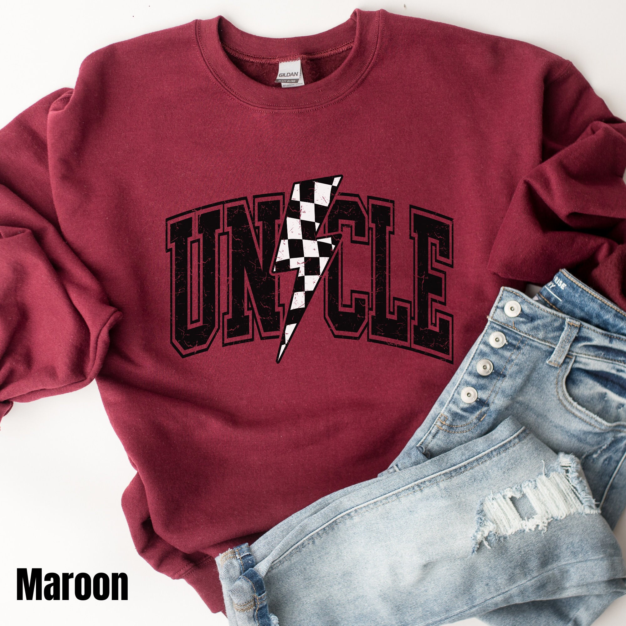 Uncle Lightning Bolt Crewneck, Retro Distressed Checkered Uncle ...