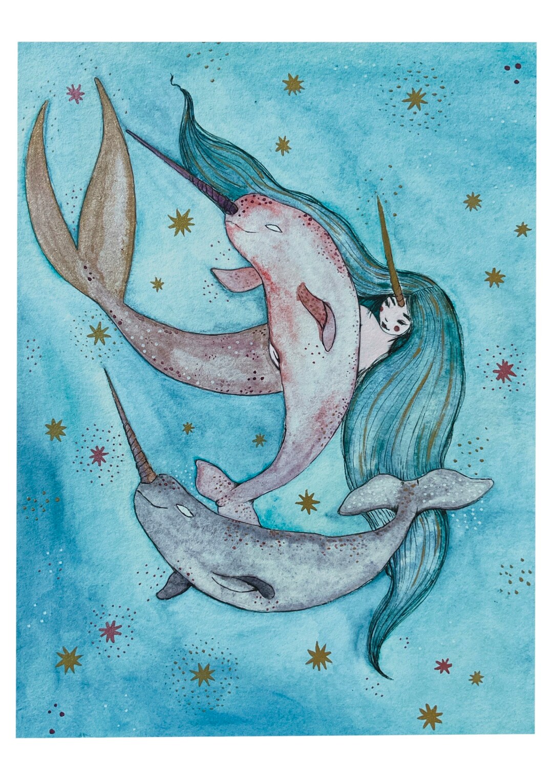 Girl Mermaid Dancing With Magical Narwhal Power Animal Fairy Tale ...