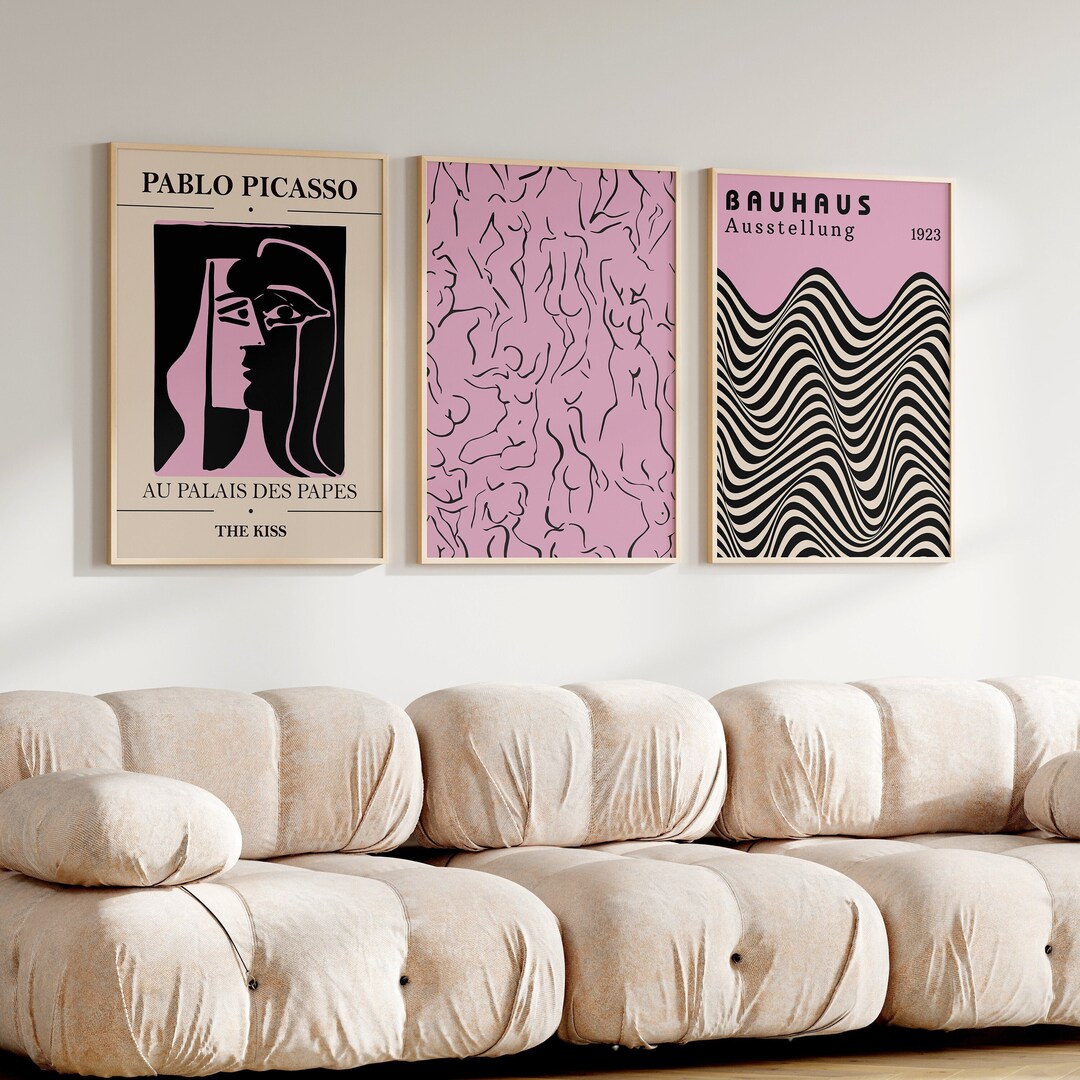 Set of 3 Bauhaus Pink Print, Tryptic Wall Art, Famous Art Prints Set ...