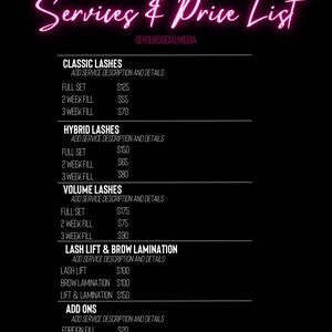 Service & Price Menu | Editable Service Menu, Lash Extensions, Brows ...