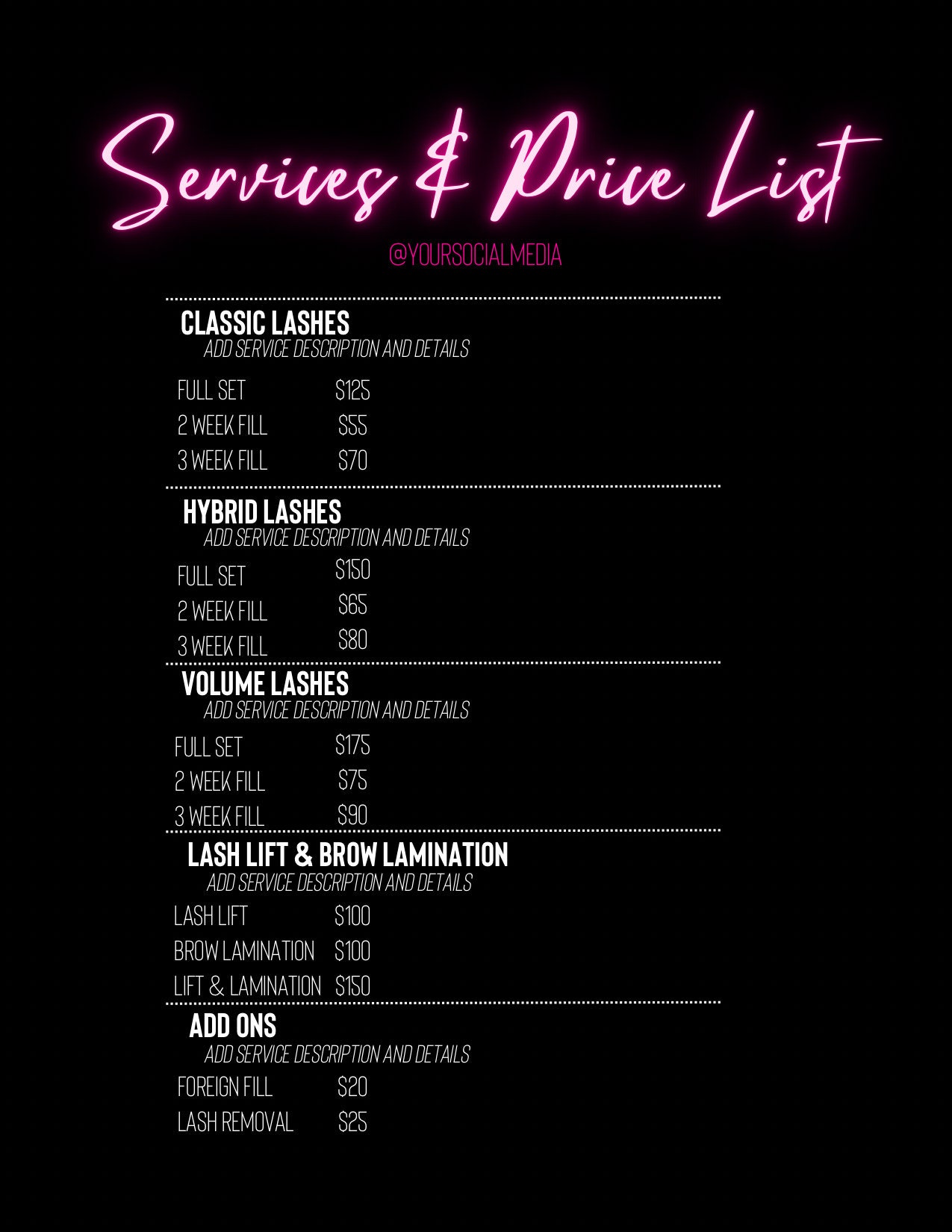 Service & Price Menu | Editable Service Menu, Lash Extensions, Brows ...