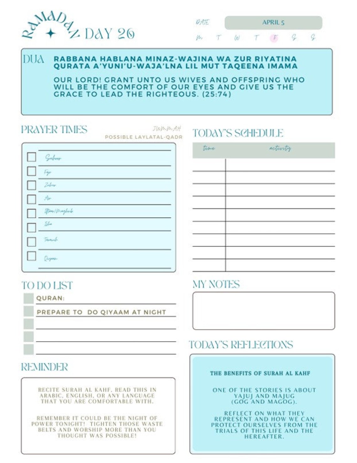 Printable 2024 Ramadan Planner and Calendar With Prayers and ...