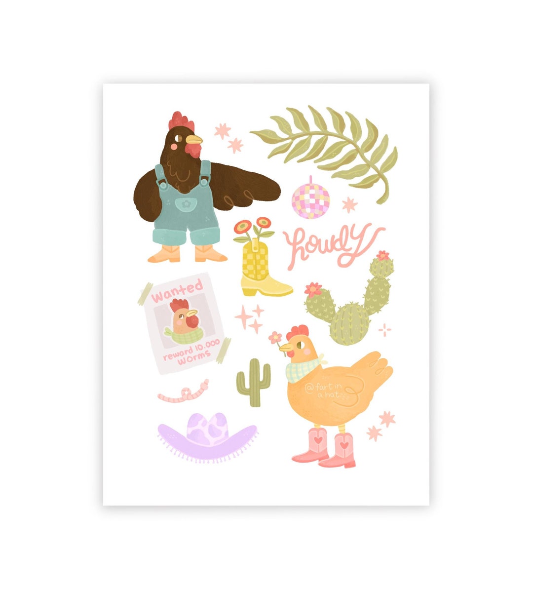 Cowboy Chickens Art Print | 8.5" X 11" | Chicken Drawing | Wall Art ...