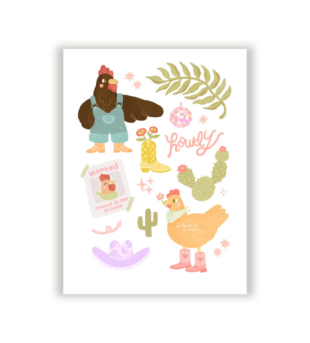 Cowboy Chickens Art Print 8.5 X 11 Chicken Drawing Wall Art Cute Art ...