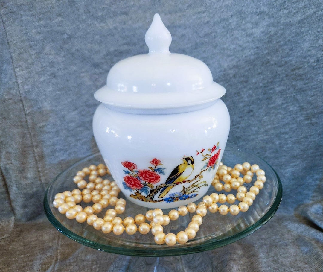 Vintage Avon Milk Glass Jar With Lid, Beautiful Bird and Floral - Etsy