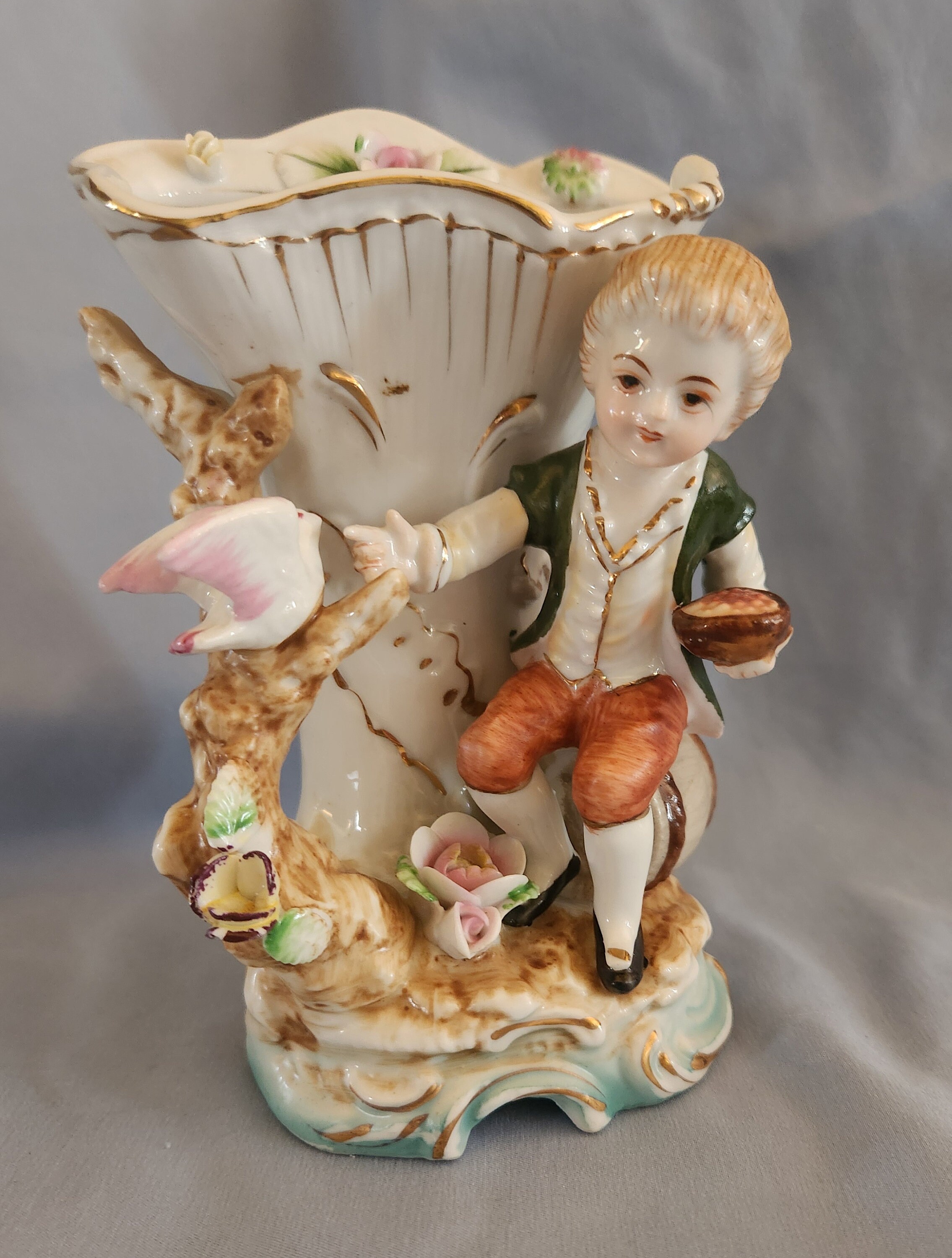 Vintage Camille Naudot Vase - Boy With Berries and Dove and Roses - Porcelain Bisque Intricately ...