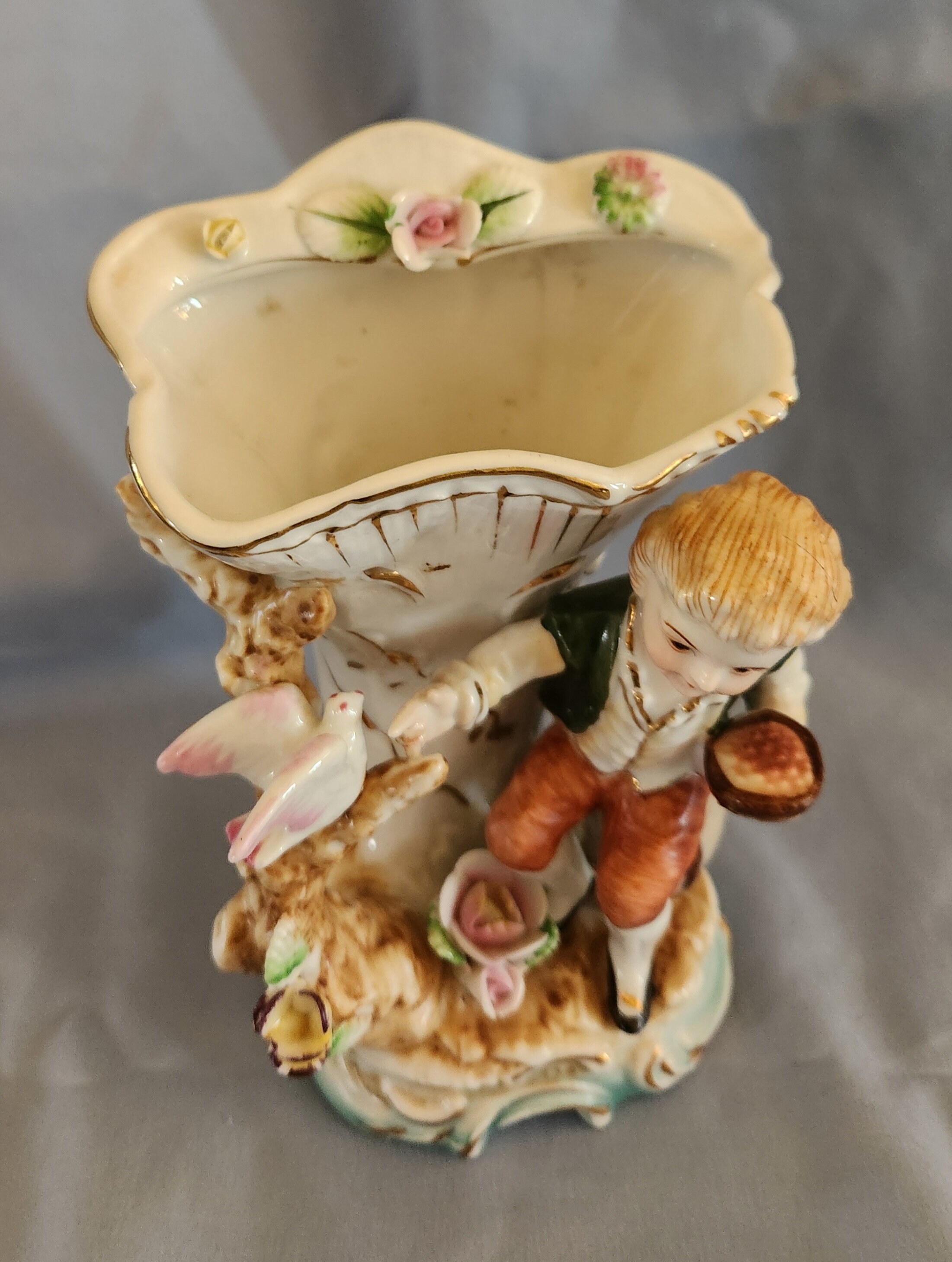 Vintage Camille Naudot Vase - Boy With Berries and Dove and Roses - Porcelain Bisque Intricately ...