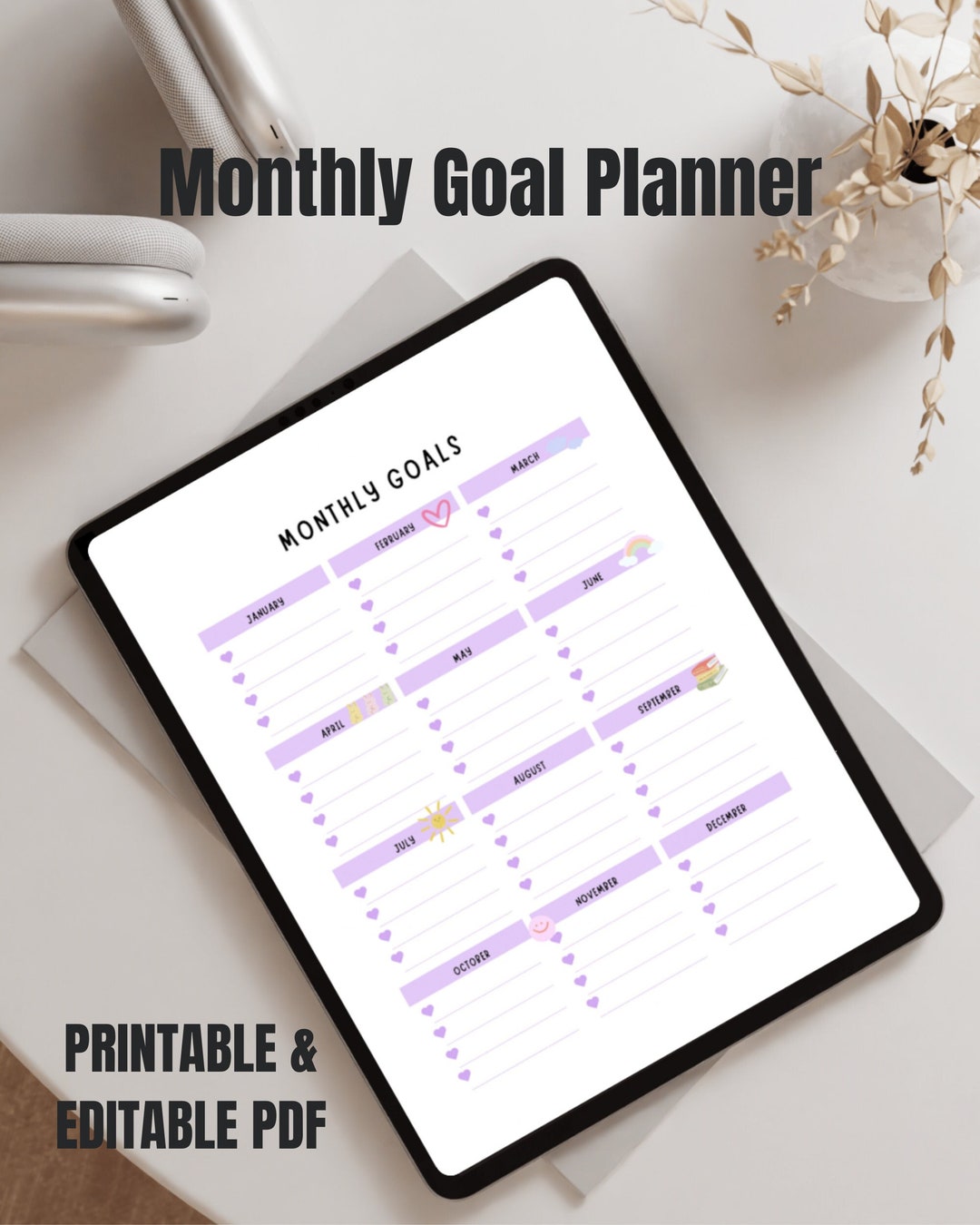 Digital Monthly Goals Planner| Printable Goal Tracker, Productivity ...