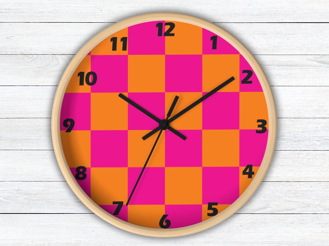 Hot Pink and Orange Bold Wall Clock, Checkered Decoration, Funky Pink ...