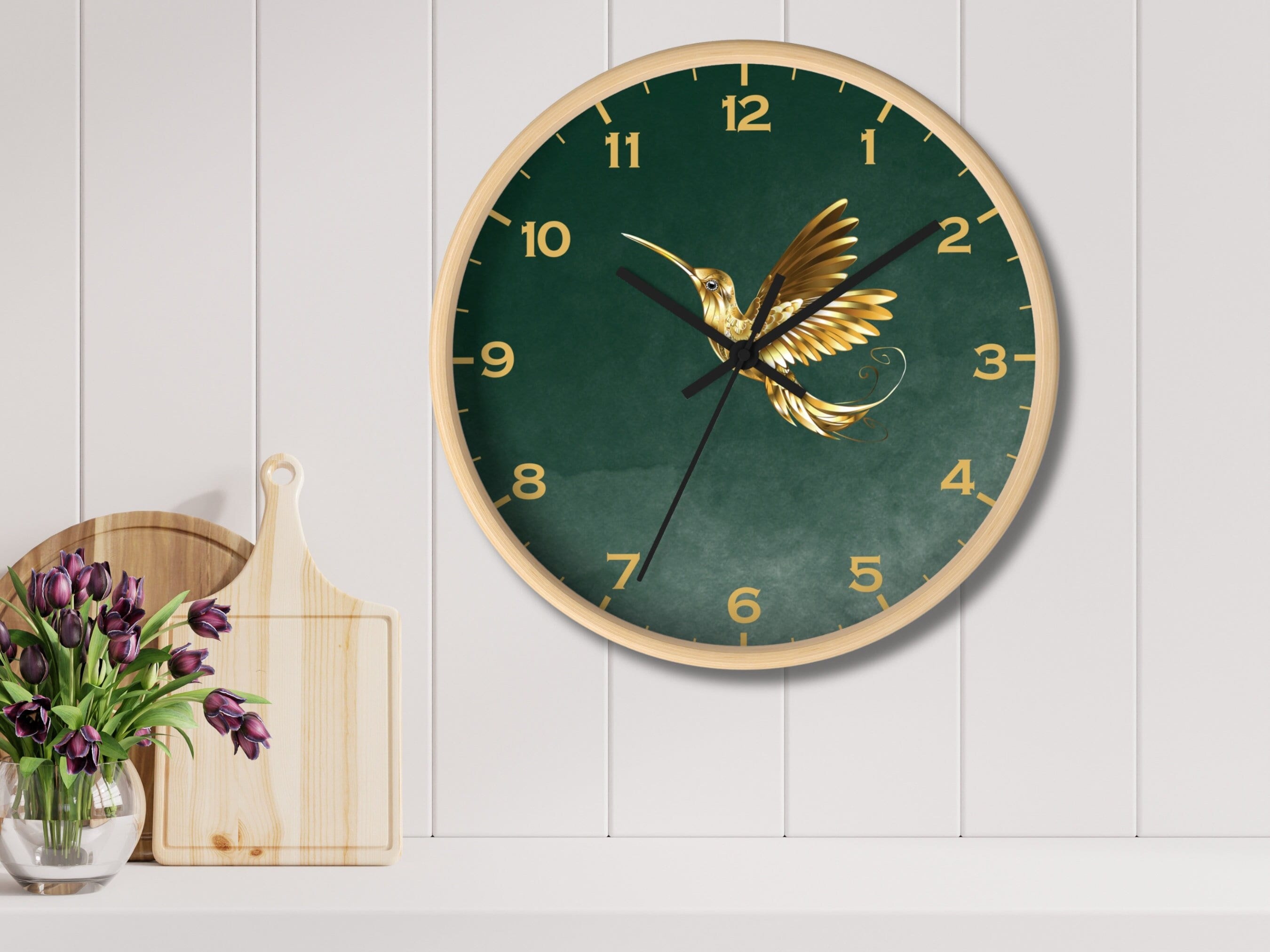 Gold Hummingbird Emerald Green Wall Clock: Silent Wooden Bird Clock - Etsy