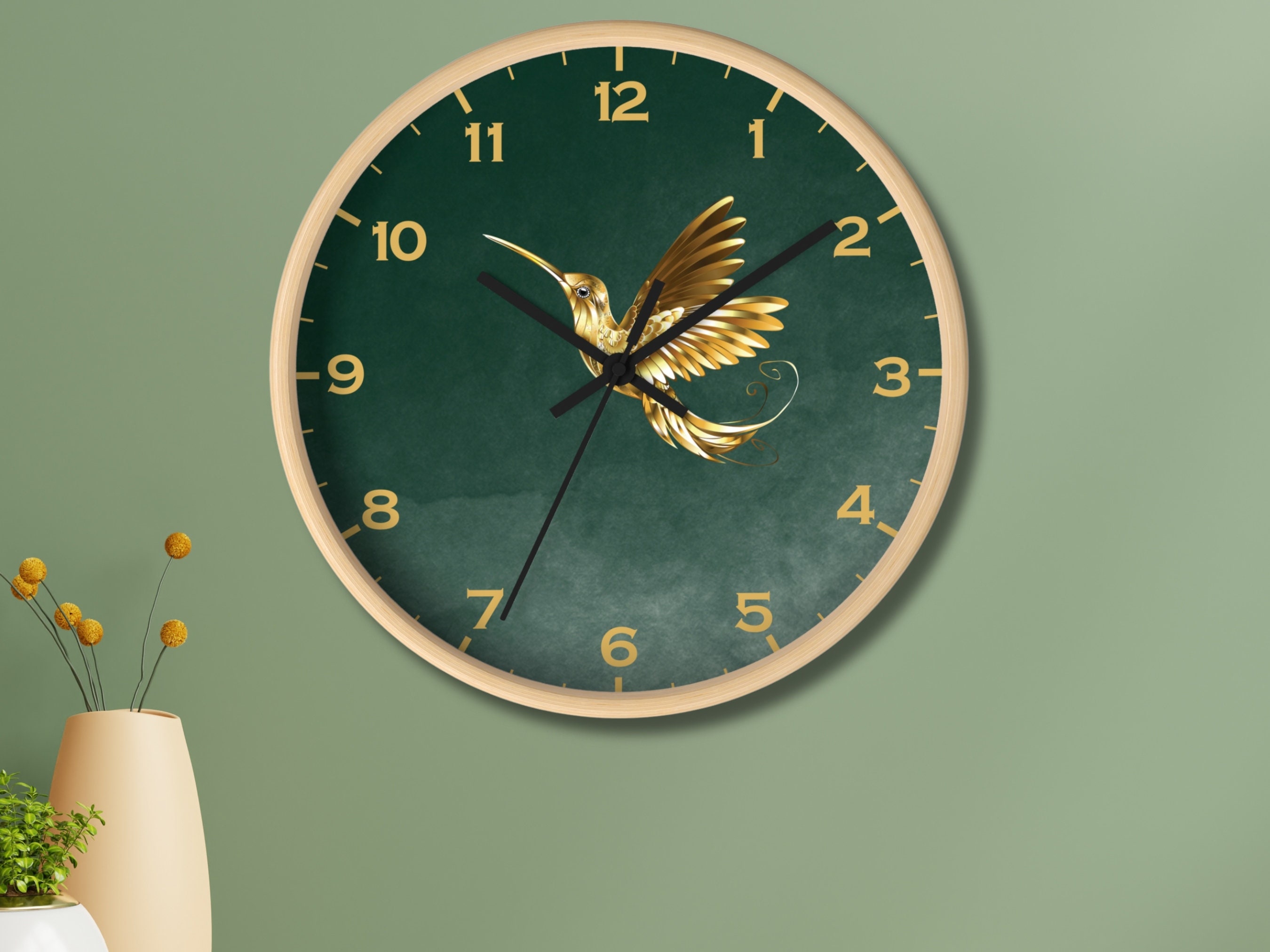Gold Hummingbird Emerald Green Wall Clock: Silent Wooden Bird Clock - Etsy
