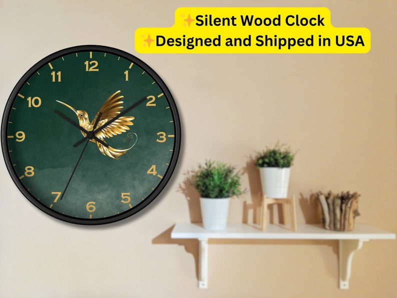 Gold Hummingbird Emerald Green Wall Clock: Silent Wooden Bird Clock - Etsy