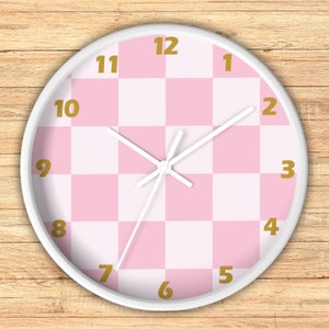Decorative Wall Clock, Checkered Pink and Light Pink Wall Clock, Wooden ...