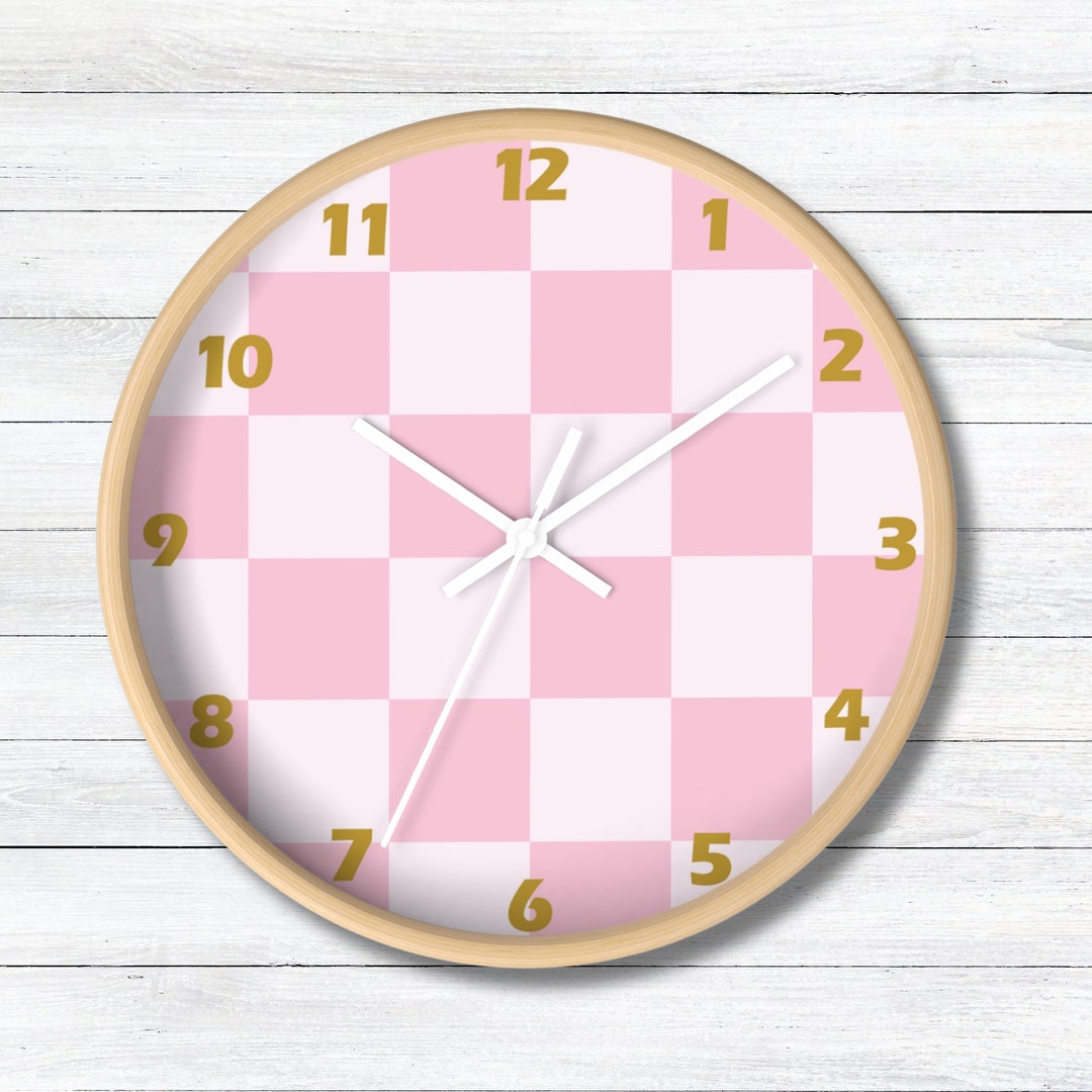 Decorative Wall Clock, Checkered Pink and Light Pink Wall Clock, Wooden ...