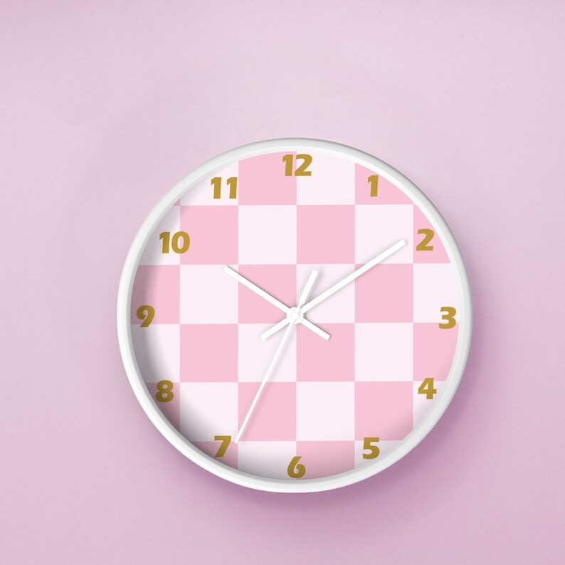 Decorative Wall Clock, Checkered Pink and Light Pink Wall Clock, Wooden ...