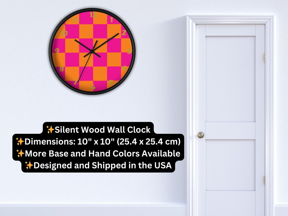 Hot Pink and Orange Checkered Wall Clock, Decorative Wall Clock, Funky ...