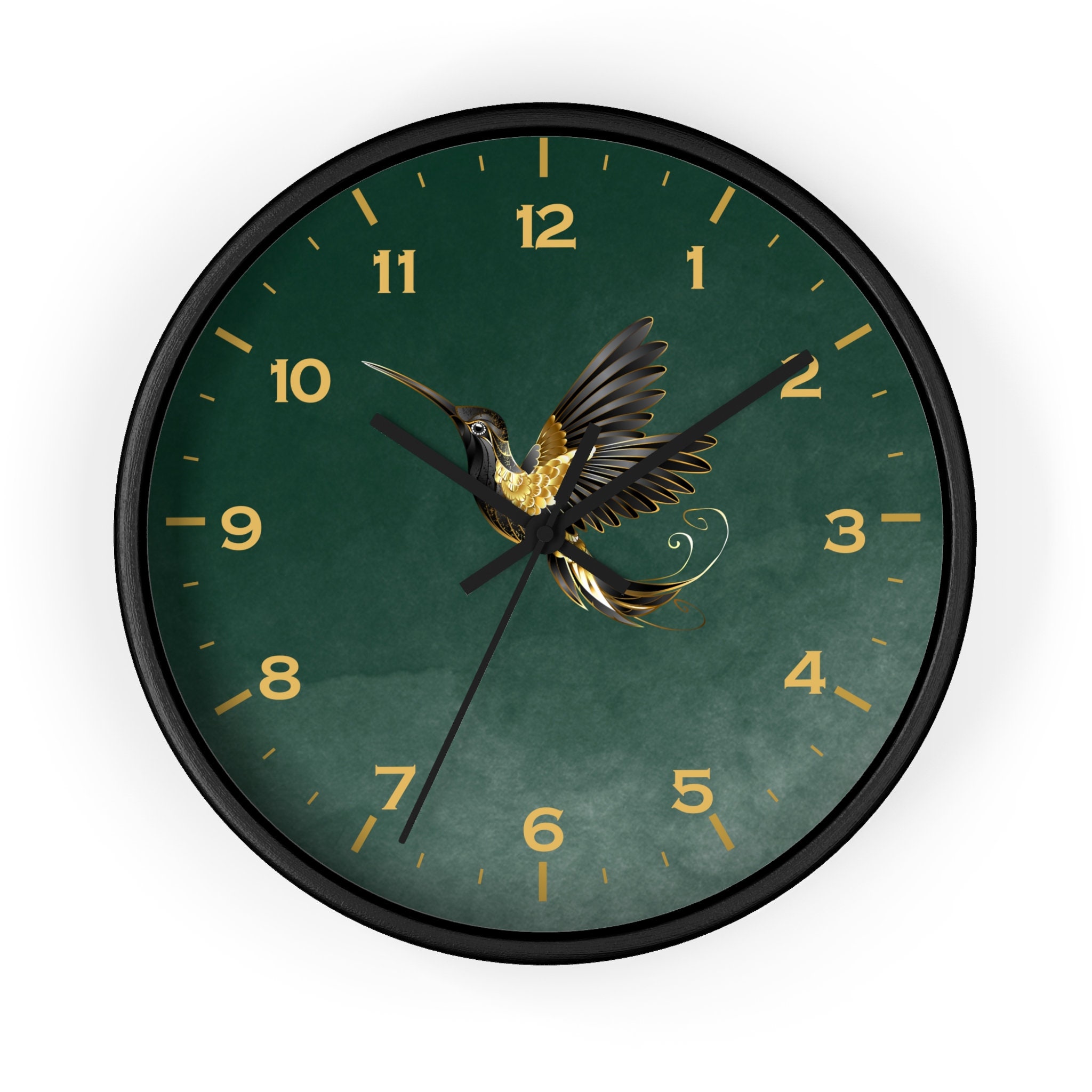 Emerald Wall Clock, Black Hummingbird Wall Clock, Gold and Green ...