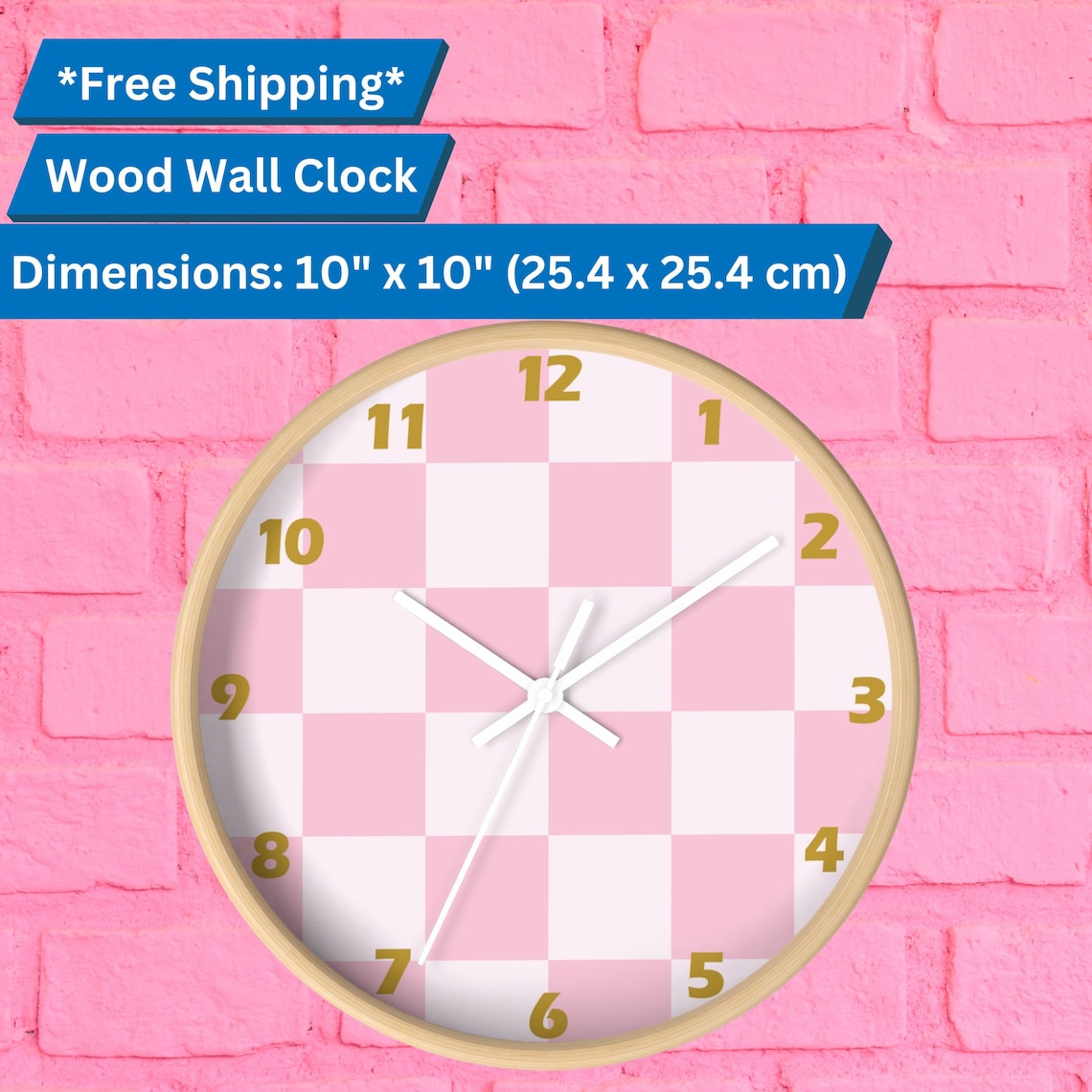 Decorative Wall Clock, Checkered Pink and Light Pink Wall Clock, Wooden ...