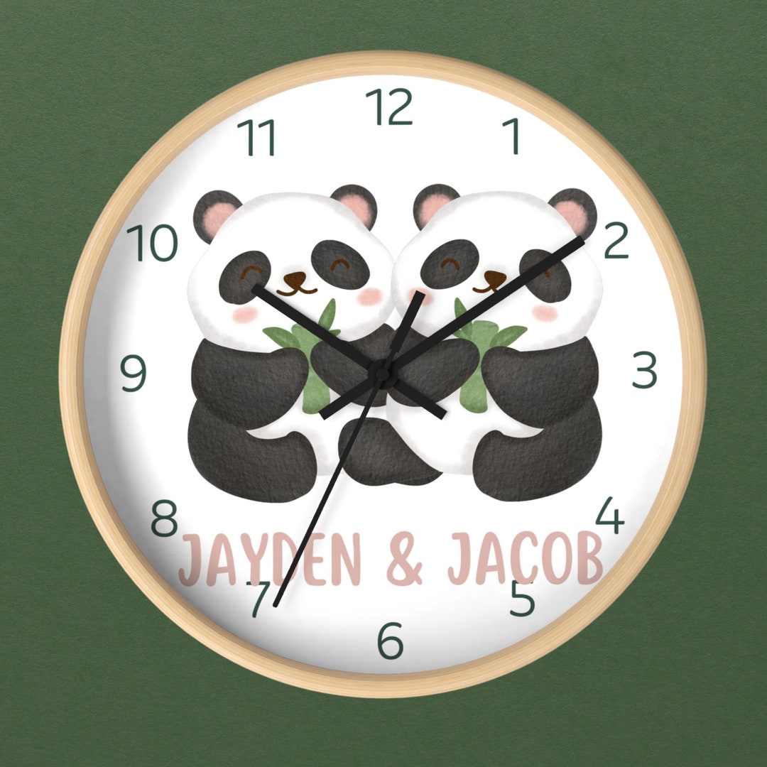 Custom Boys Panda Wall Clock Silent Twins Nursery Decor-wallart Baby ...