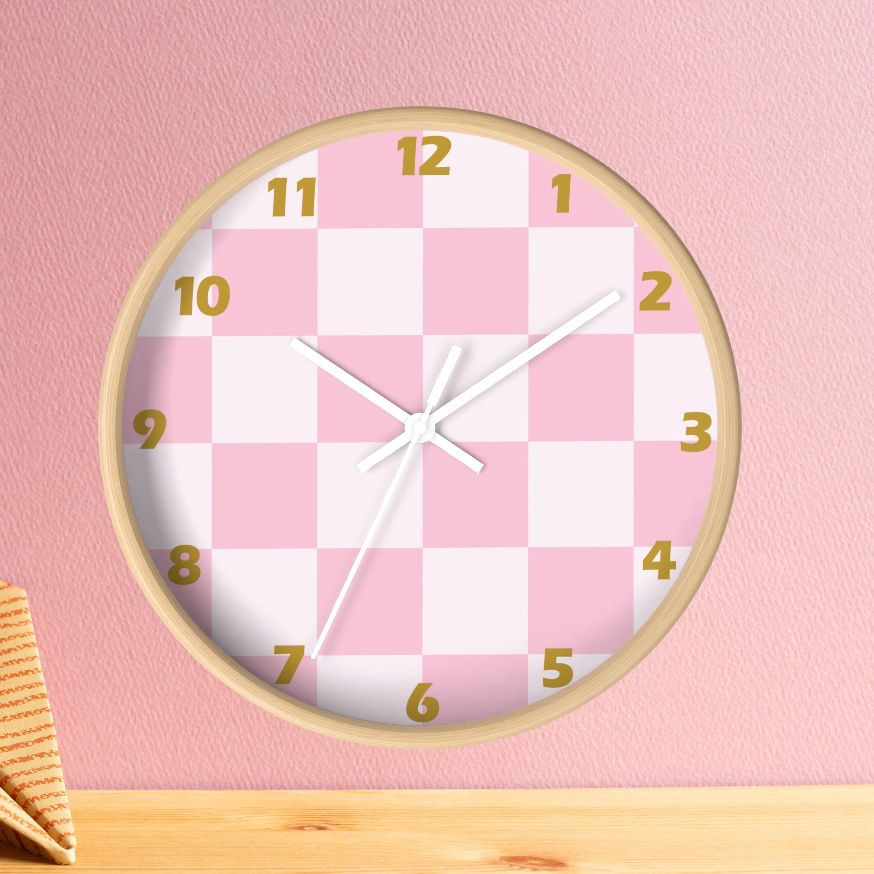 Decorative Wall Clock, Checkered Pink and Light Pink Wall Clock, Wooden ...