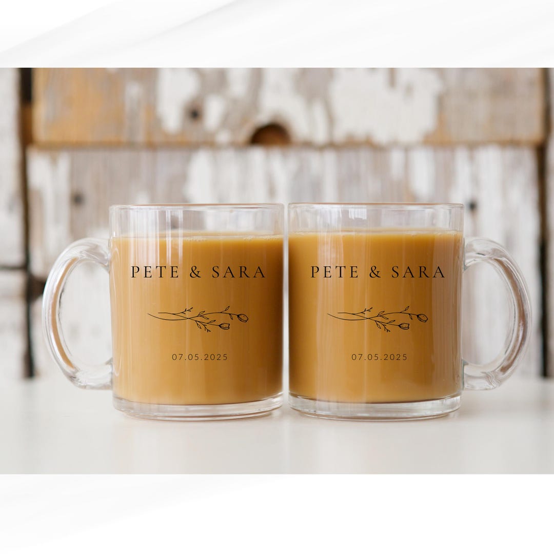 Custom Engagement Mug or Personalized Couple Mug Gift Set | Mr and Mrs Clear Glass Coffee Mug ...