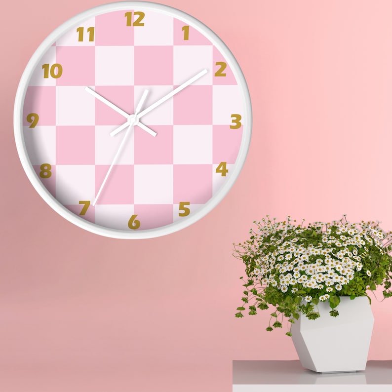 Decorative Wall Clock, Checkered Pink and Light Pink Wall Clock, Wooden ...