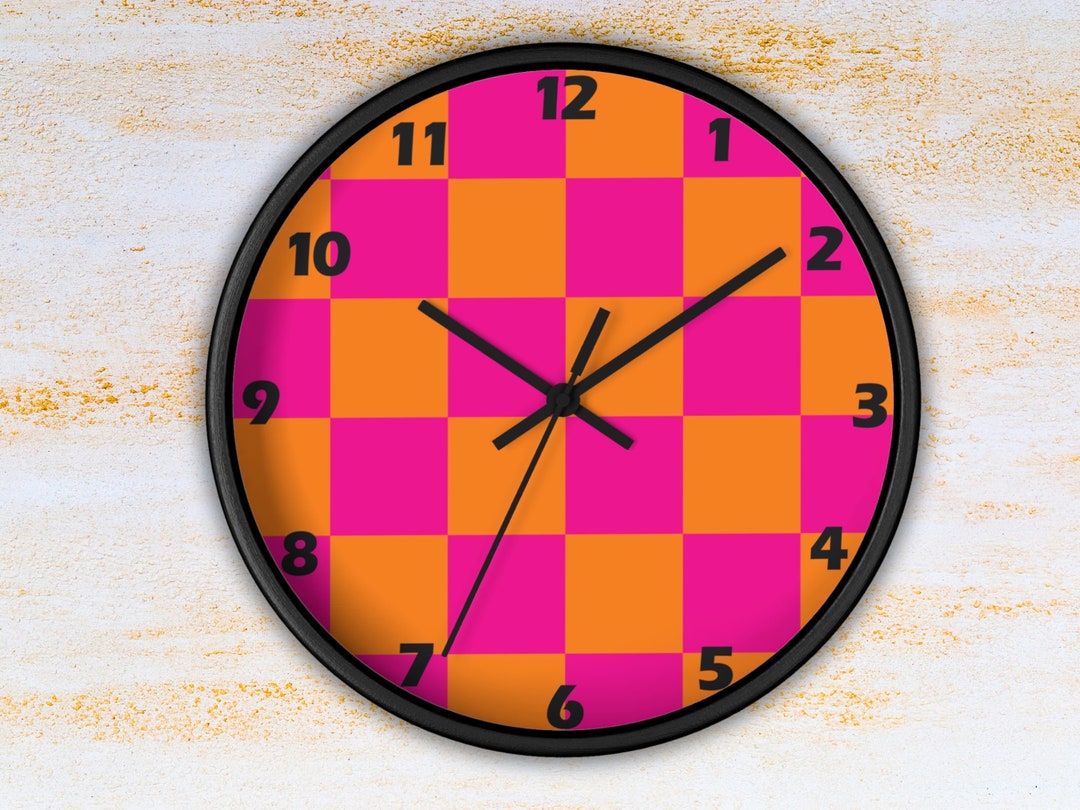 Hot Pink and Orange Bold Wall Clock, Checkered Decoration, Funky Pink ...
