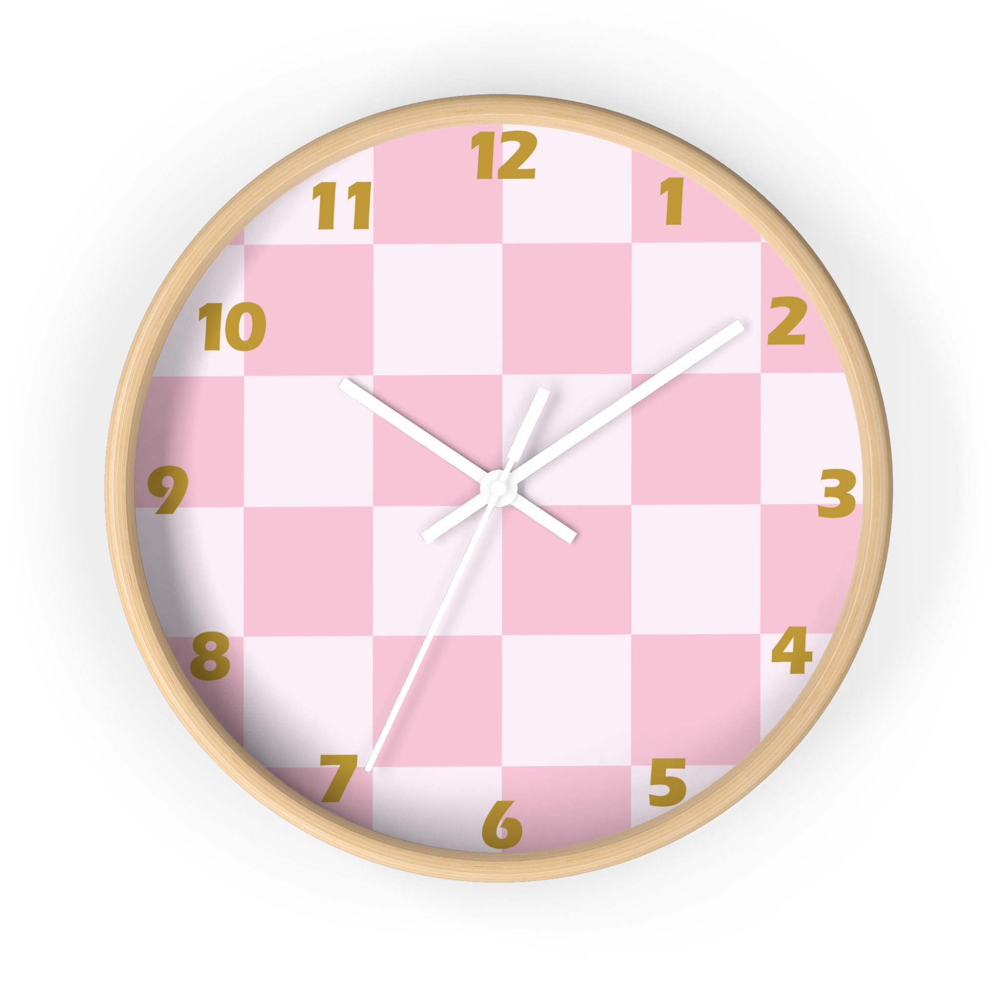 Decorative Wall Clock, Checkered Pink and Light Pink Wall Clock, Wooden ...