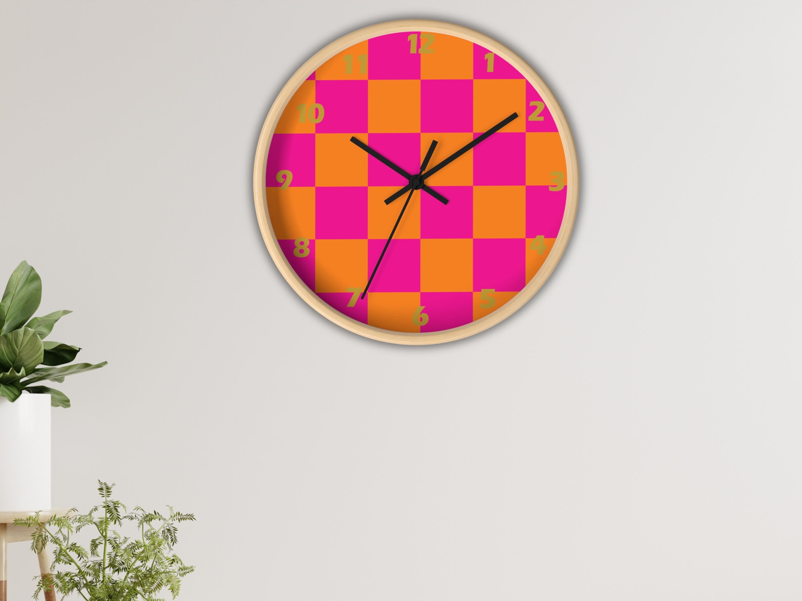 Hot Pink and Orange Checkered Wall Clock, Decorative Wall Clock, Funky ...