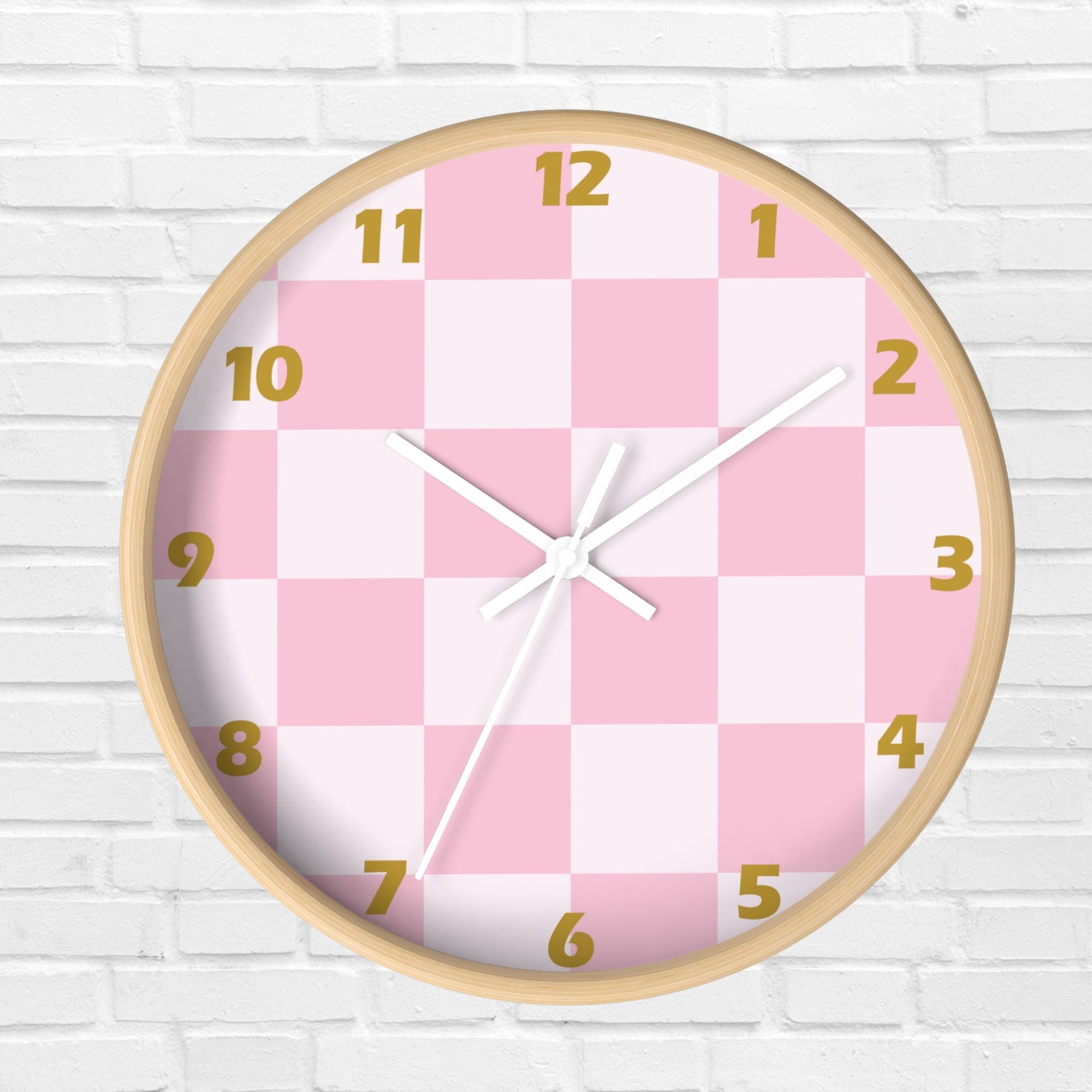 Decorative Wall Clock, Checkered Pink and Light Pink Wall Clock, Wooden ...
