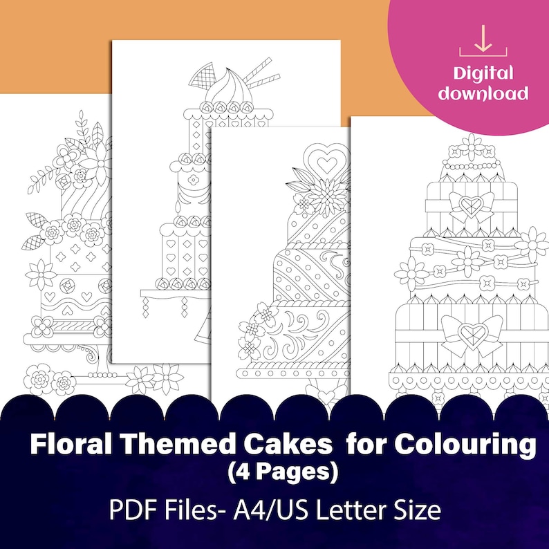 Flower Themed Cakes Coloring Pages for Adults & Kids - Etsy