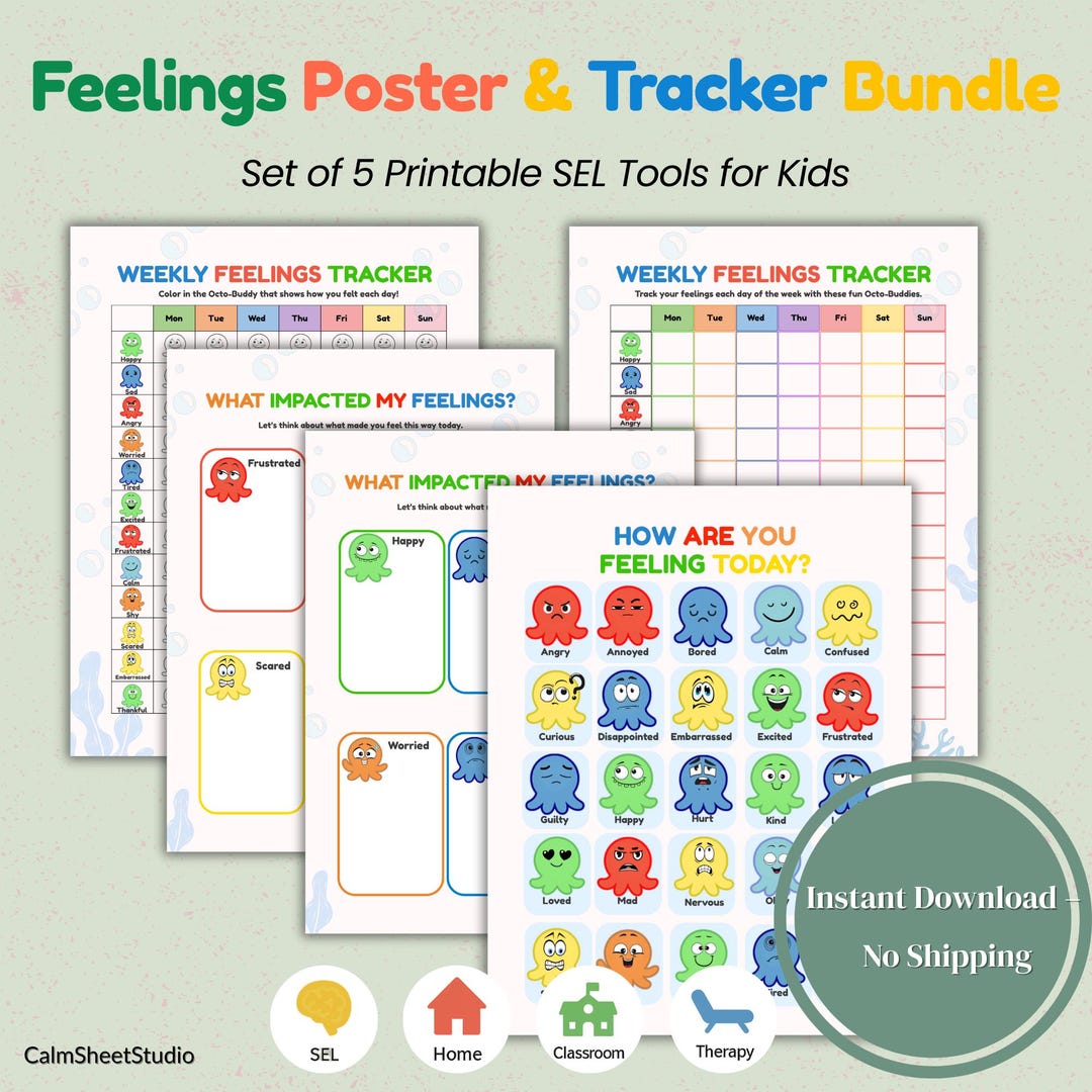 Feelings Poster Bundle for Kids – Printable SEL Tracker & Reflection ...