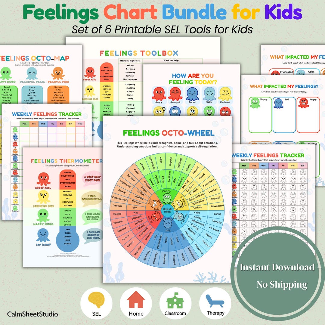 Feelings Chart Bundle for Kids – 6 Printable SEL Posters With Octo ...