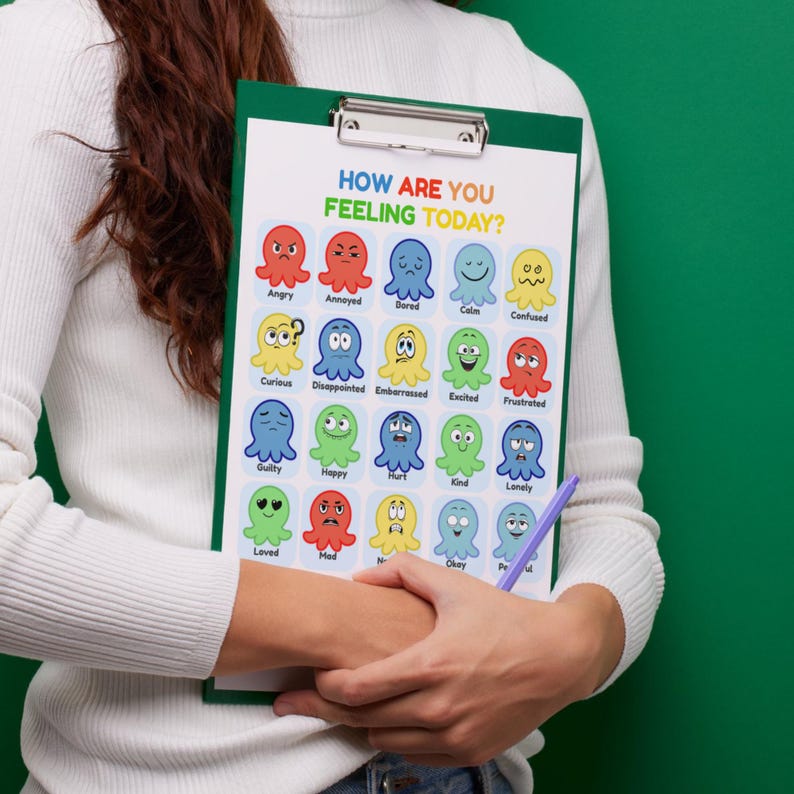 Emotions Chart for Kids – Printable Octopus Feelings Poster, SEL Check ...