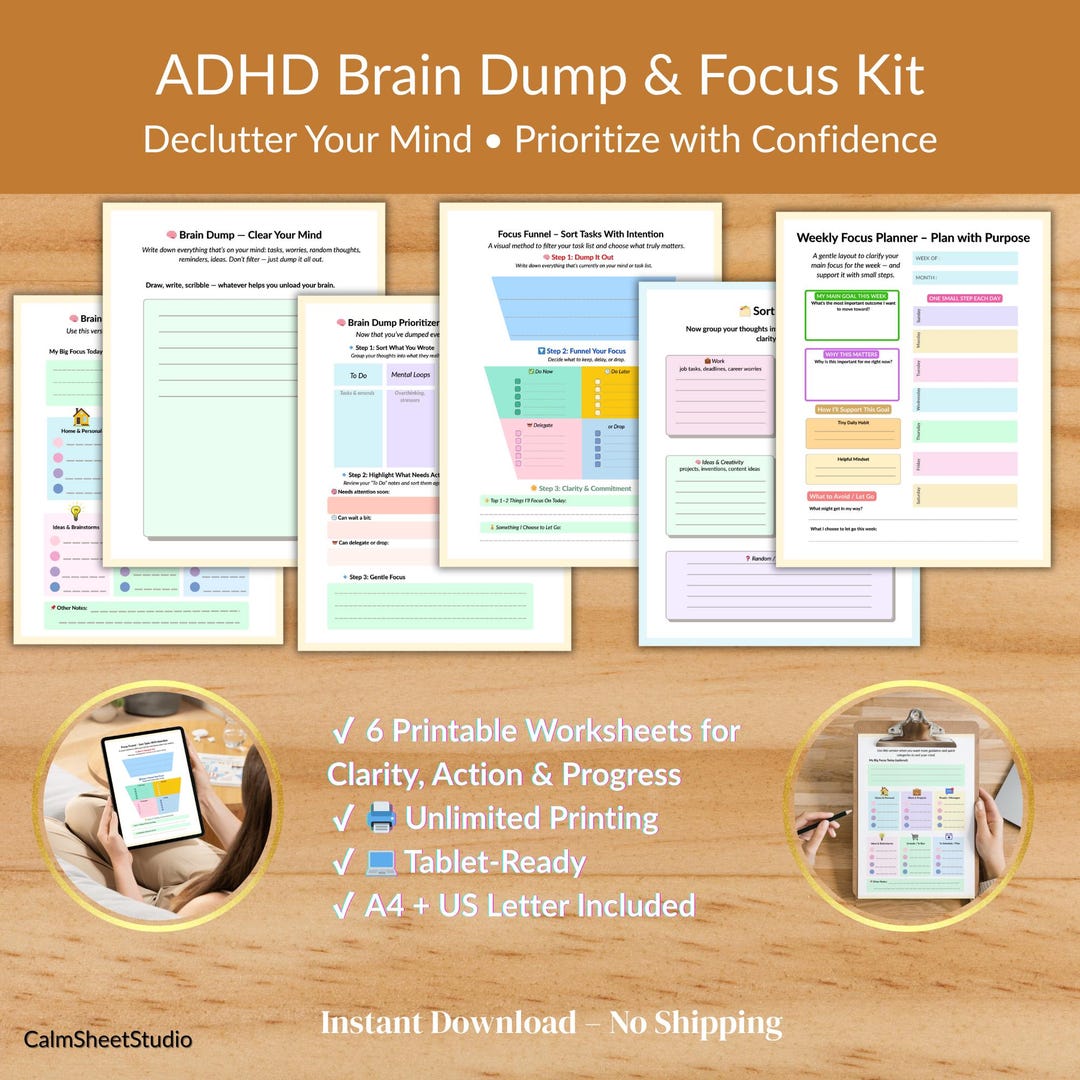 ADHD Brain Dump & Focus Kit – Printable Planner Worksheets for Adults ...