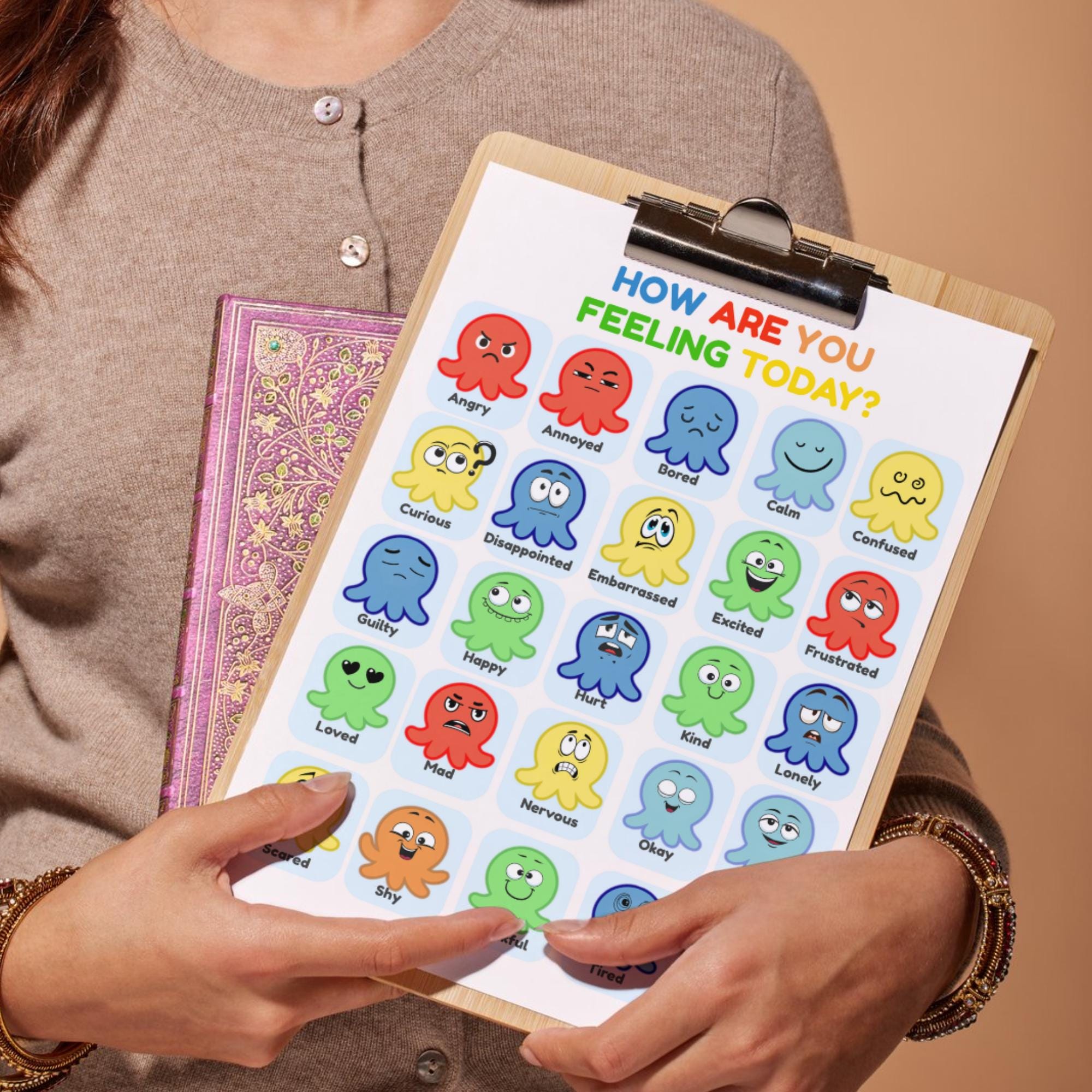Emotions Chart for Kids – Printable Octopus Feelings Poster, SEL Check ...