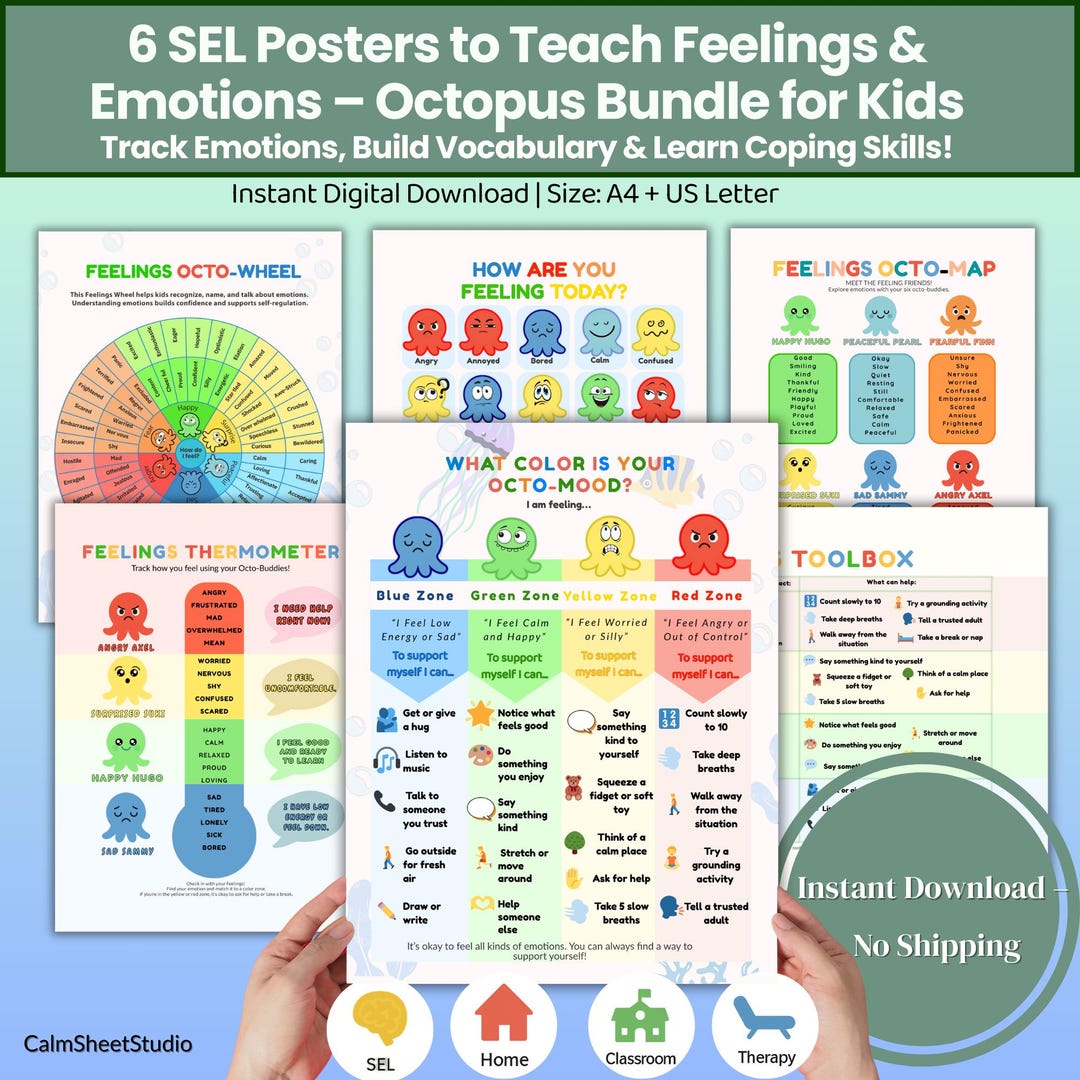 Feelings & Emotions Chart Bundle for Kids – 6 Printable SEL Posters ...