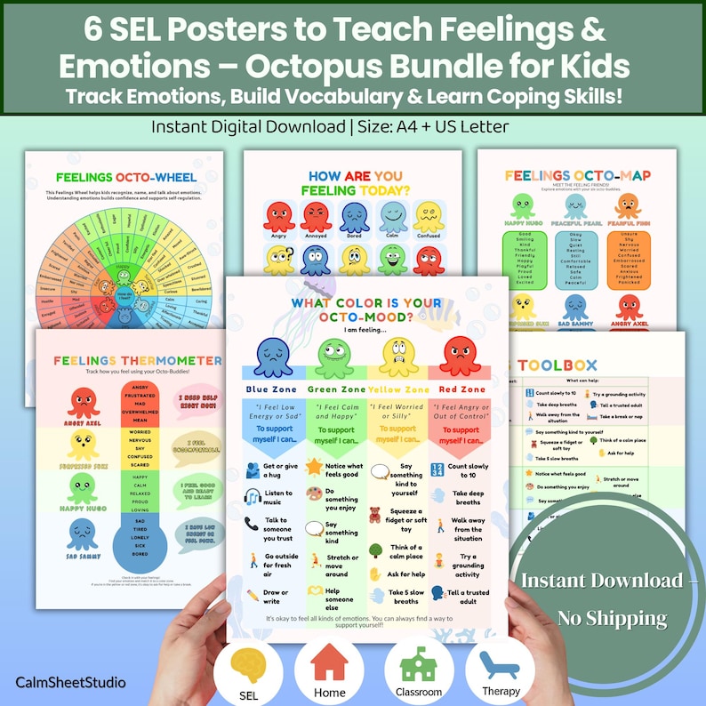 Feelings & Emotions Chart Bundle for Kids – 6 Printable SEL Posters ...