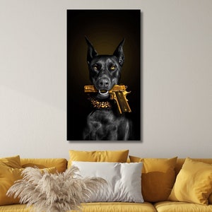 Doberman Gun Canvas, Hypebeast Modern Black White Poster Dog Wall Art ...