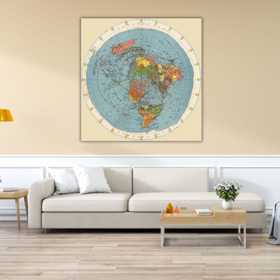 Azimuthal Equidistant Map Ready to Hang Canvas Wall Art, Flat Earth Map ...