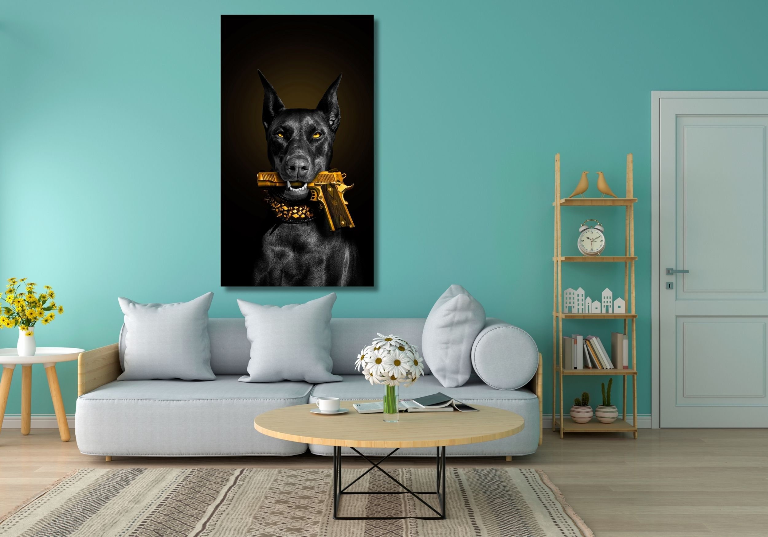 Doberman Gun Canvas, Hypebeast Modern Black White Poster Dog Wall Art ...