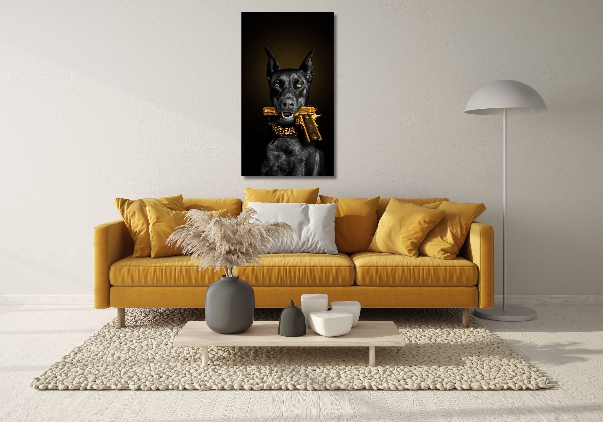Doberman Gun Canvas, Hypebeast Modern Black White Poster Dog Wall Art ...