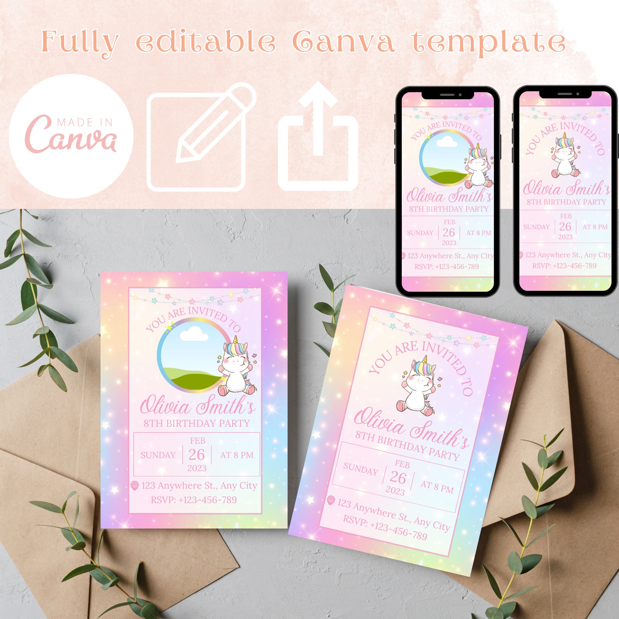 Canva Template Unicorn 1 Invitation for Kid Birthday or Party - Etsy
