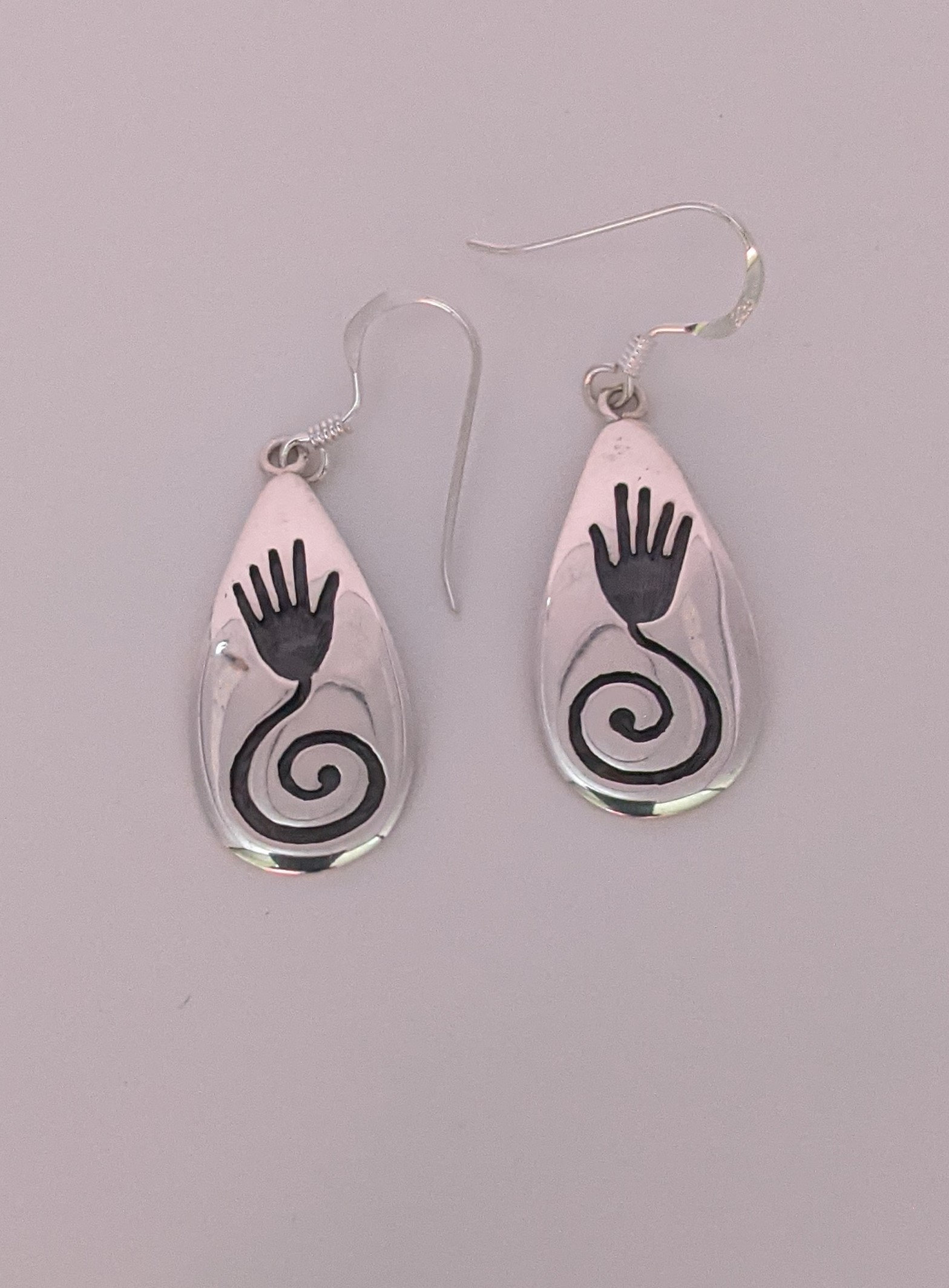 One of a Kind Hopi Silver Overlay Drop Earrings With Hopi Healing Hand ...