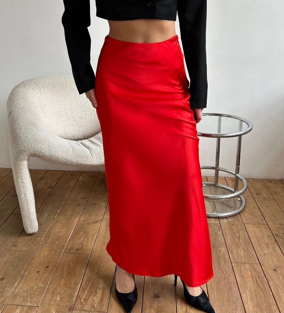 Elegant Slim Long Satin Red Skirt for Women - Etsy