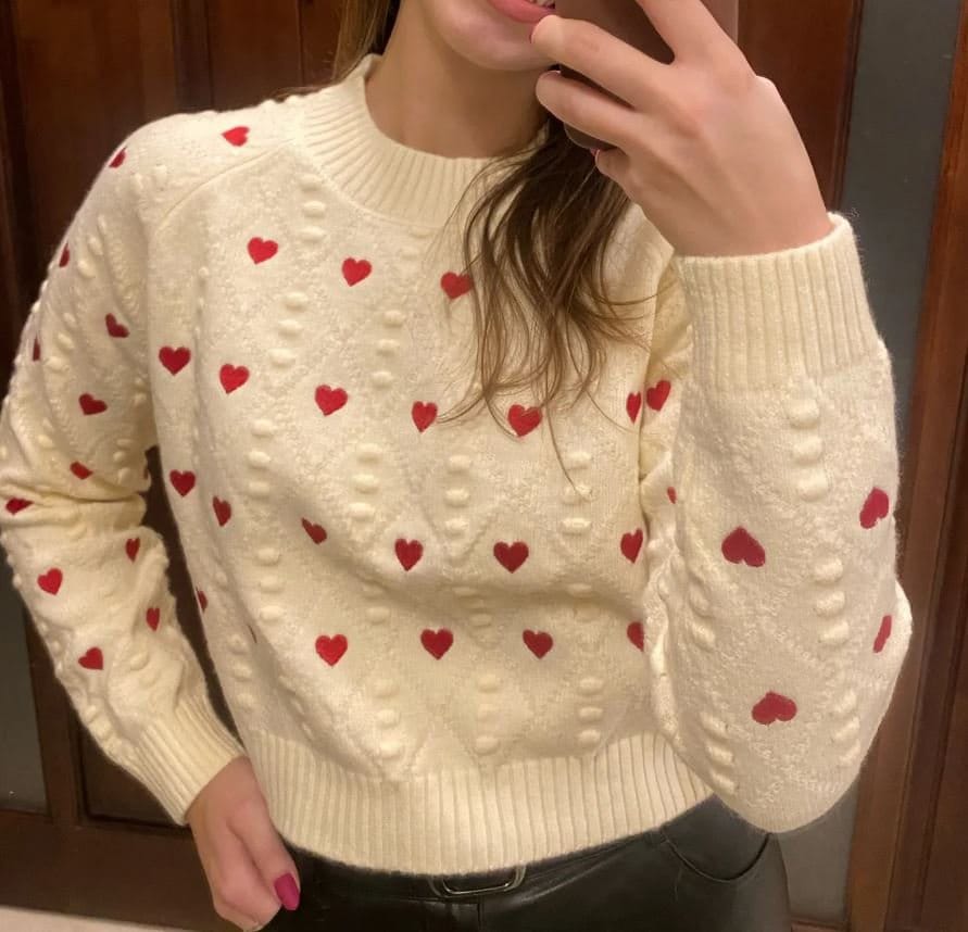 Knitted Loose Heart Love Embroidery Pullover Sweater for Women - Etsy
