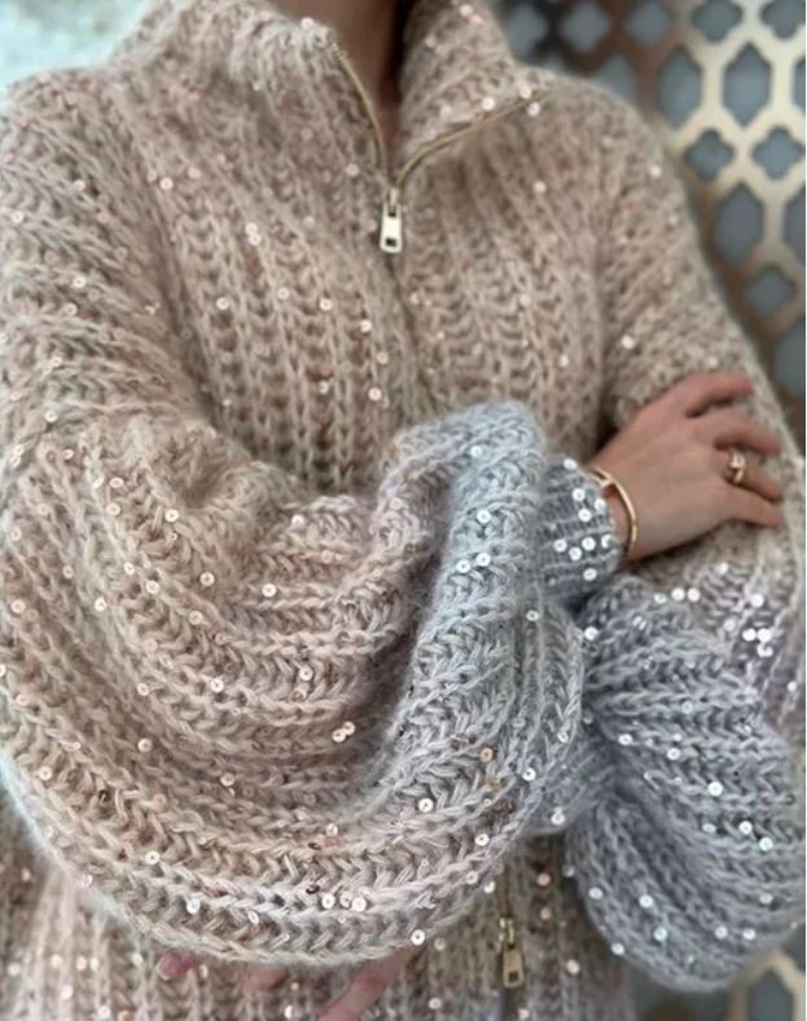 Sparkling Sequin Knitted Sweater Long Sleeve Loose Zipper Cardigan for ...