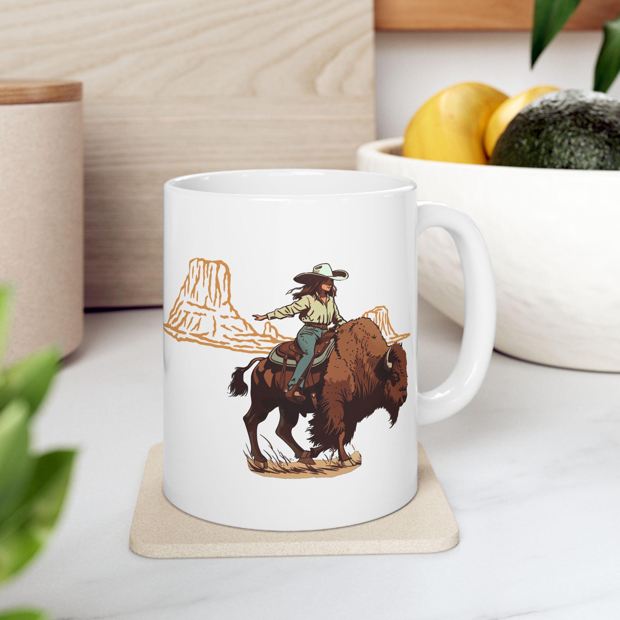 Bison Cowgirl Ceramic Mug, 11oz, 15 Oz - Etsy