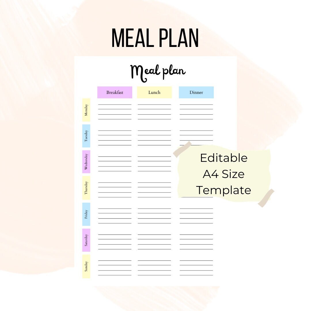 EDITABLE Meal Plan, Meal Planner Printable, Weekly Food Diary, Meal ...